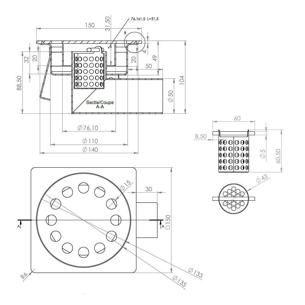 INOX KLOKROOSTER 15X15CM MET MANDJE ø50MM HORIZON