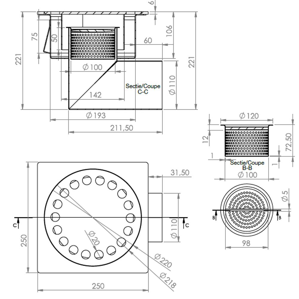 INOX KLOKROOSTER 25X25CM MET MANDJE Ø110MM HORIZON